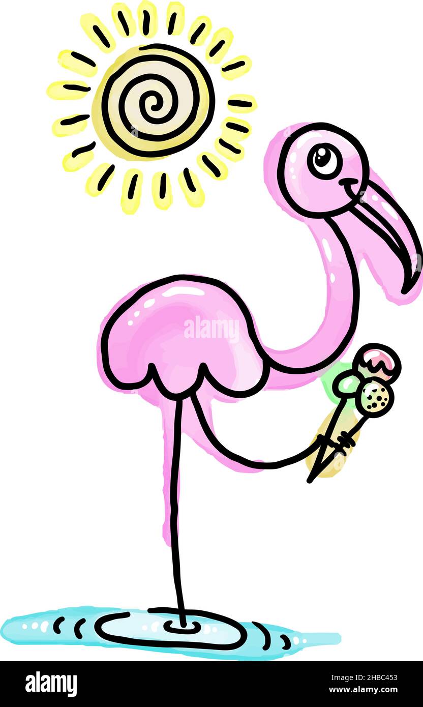 Watercolor Summer Flamingo with Ice-Cream. Vector Trace Illustration ...
