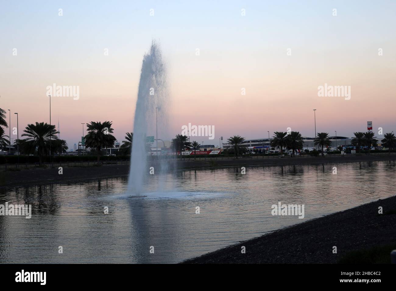 Water fountain near the Mall of Emirates during the sunset. Beautiful ...