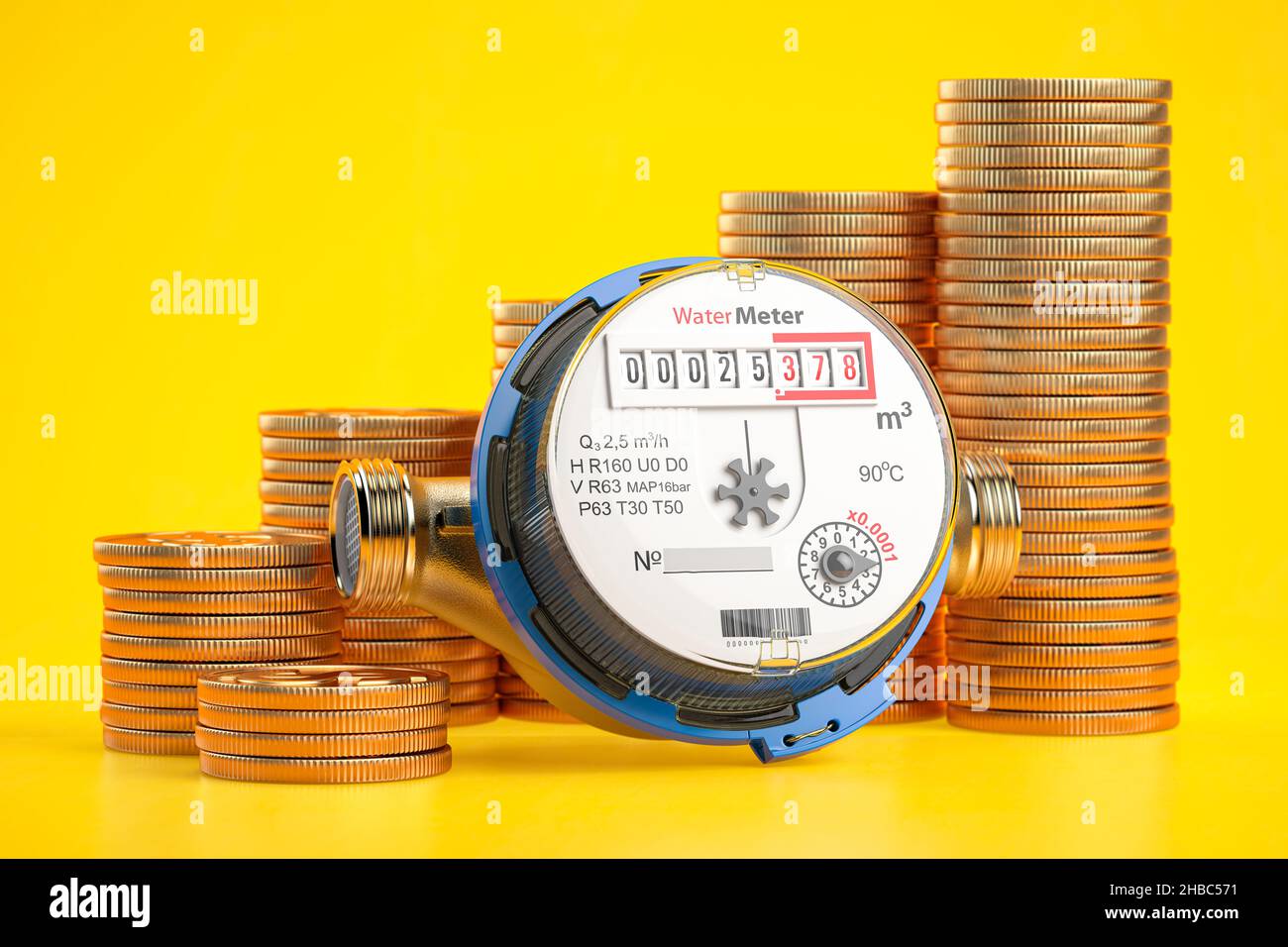 Water meter and coin stacks. Growth of water consumption, price and ...