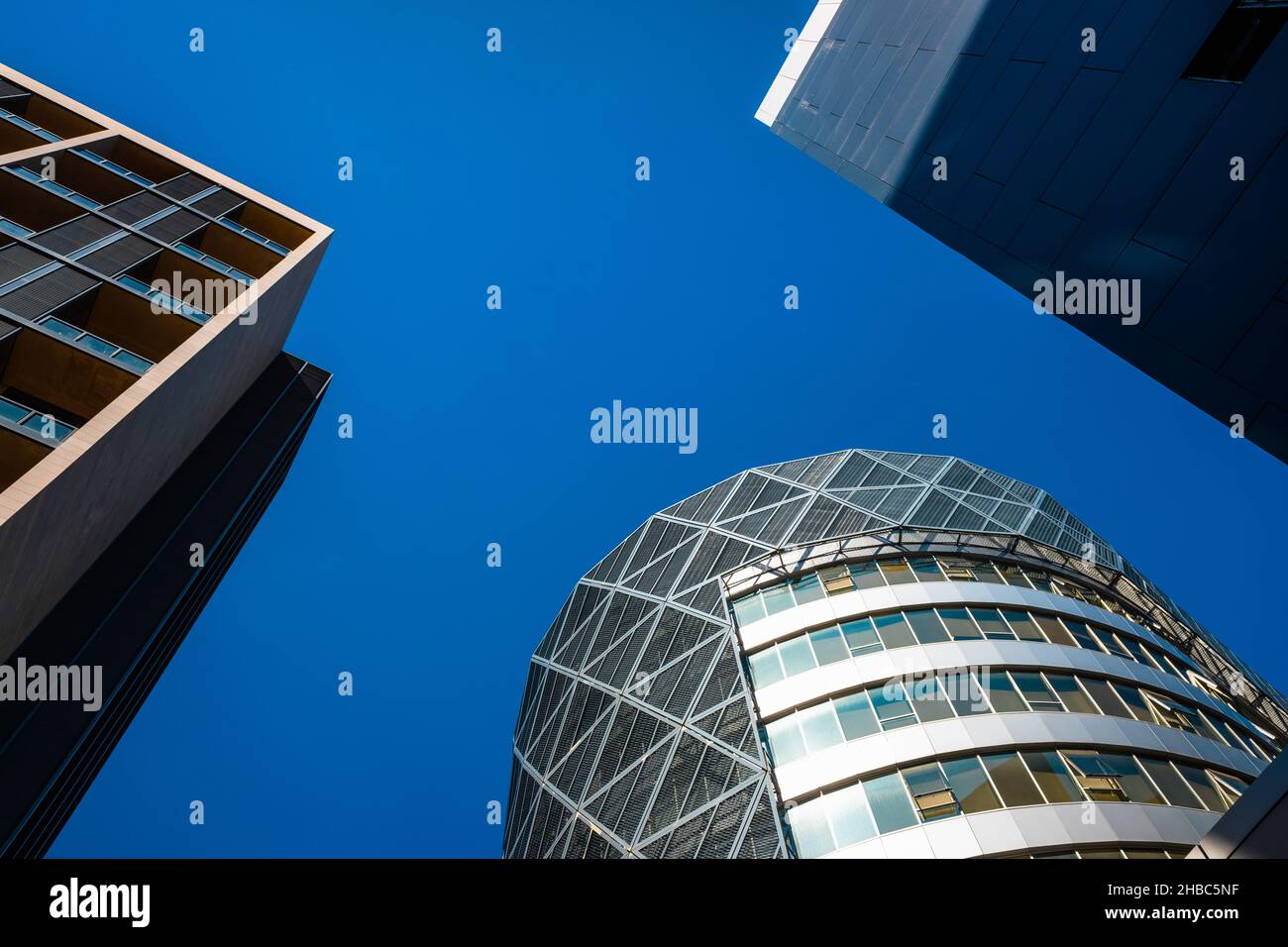 Tall office buildings, viewed from below, modern and rounded, with a ...