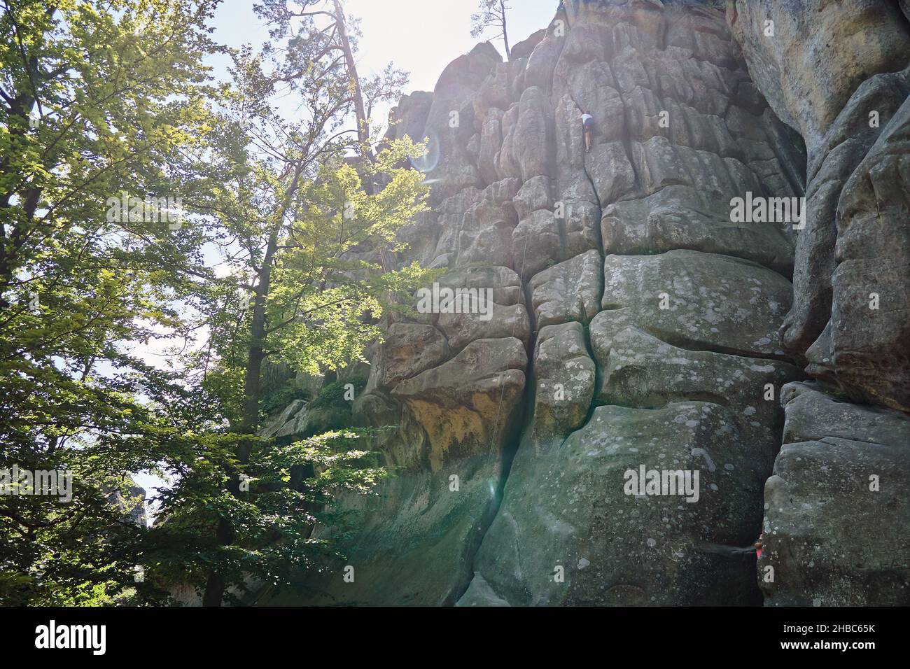 Young child boy climbing steep wall of rocky mountain. Kid climber ...