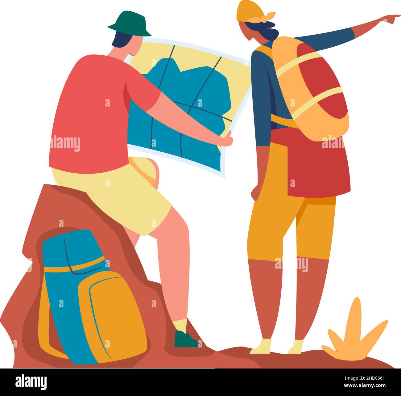 Tourists search route or right way using map. Vector navigation route ...