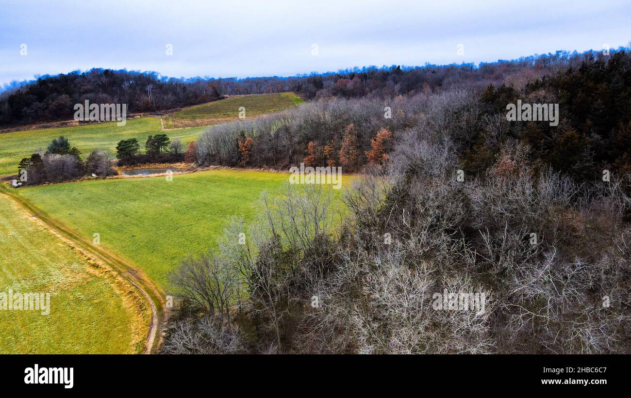 Hillside in rural wisconsin bluffs with green fields below. A small ...
