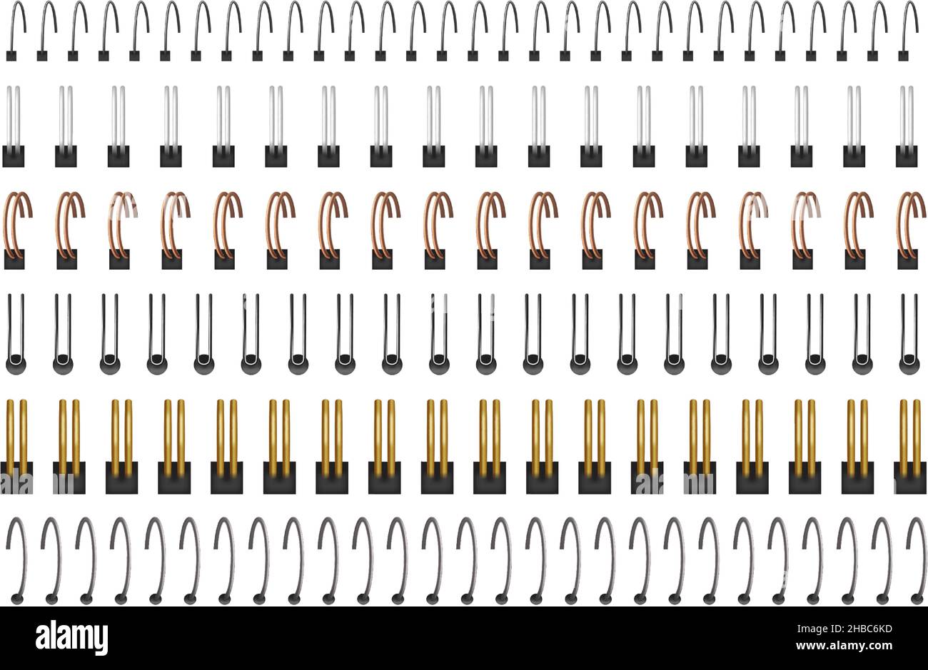 Realistic notebook spiral bindings, metal ring binders. Plastic spirals ...