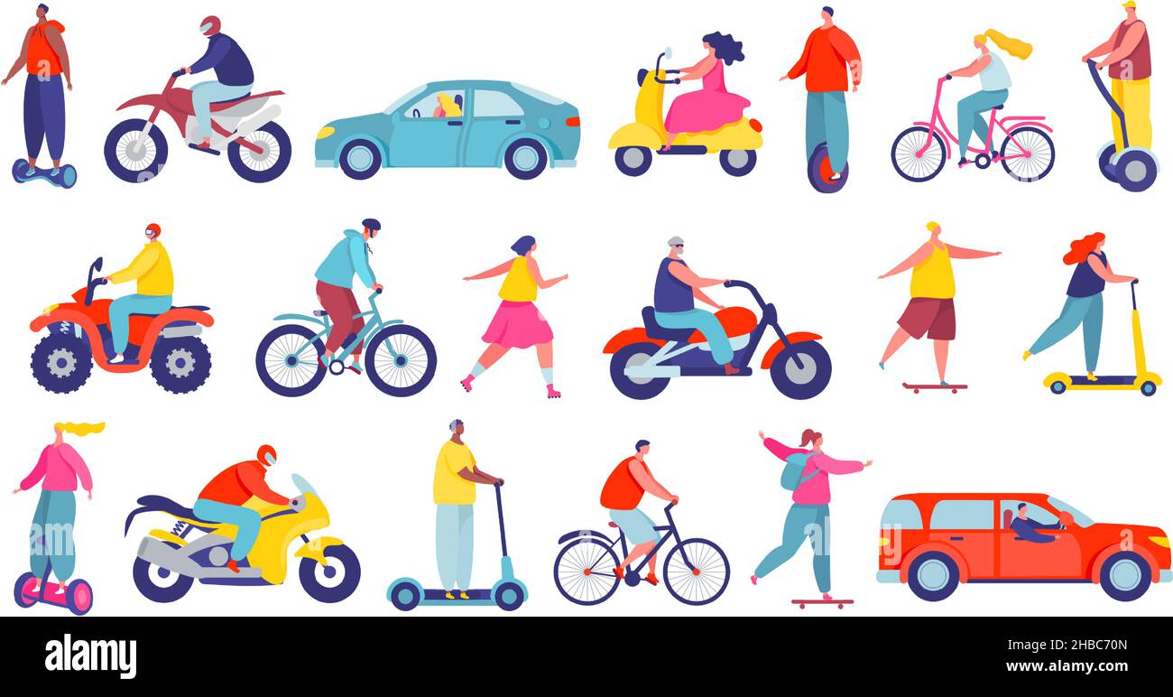 People on different city transport, characters riding personal vehicles ...