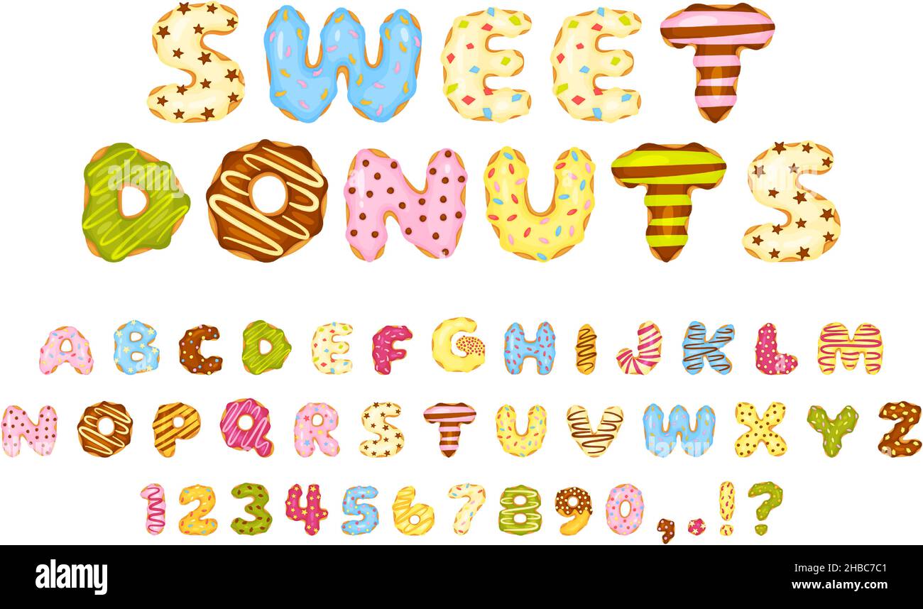 Cartoon sweet donuts font, colorful glazed donut letters and numbers ...
