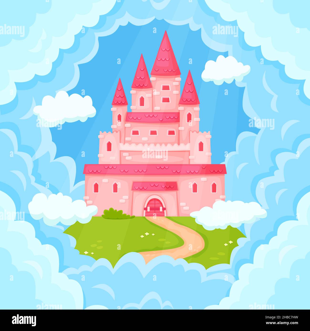 Cartoon fairytale princess pink castle towers in clouds. Magic kingdom ...