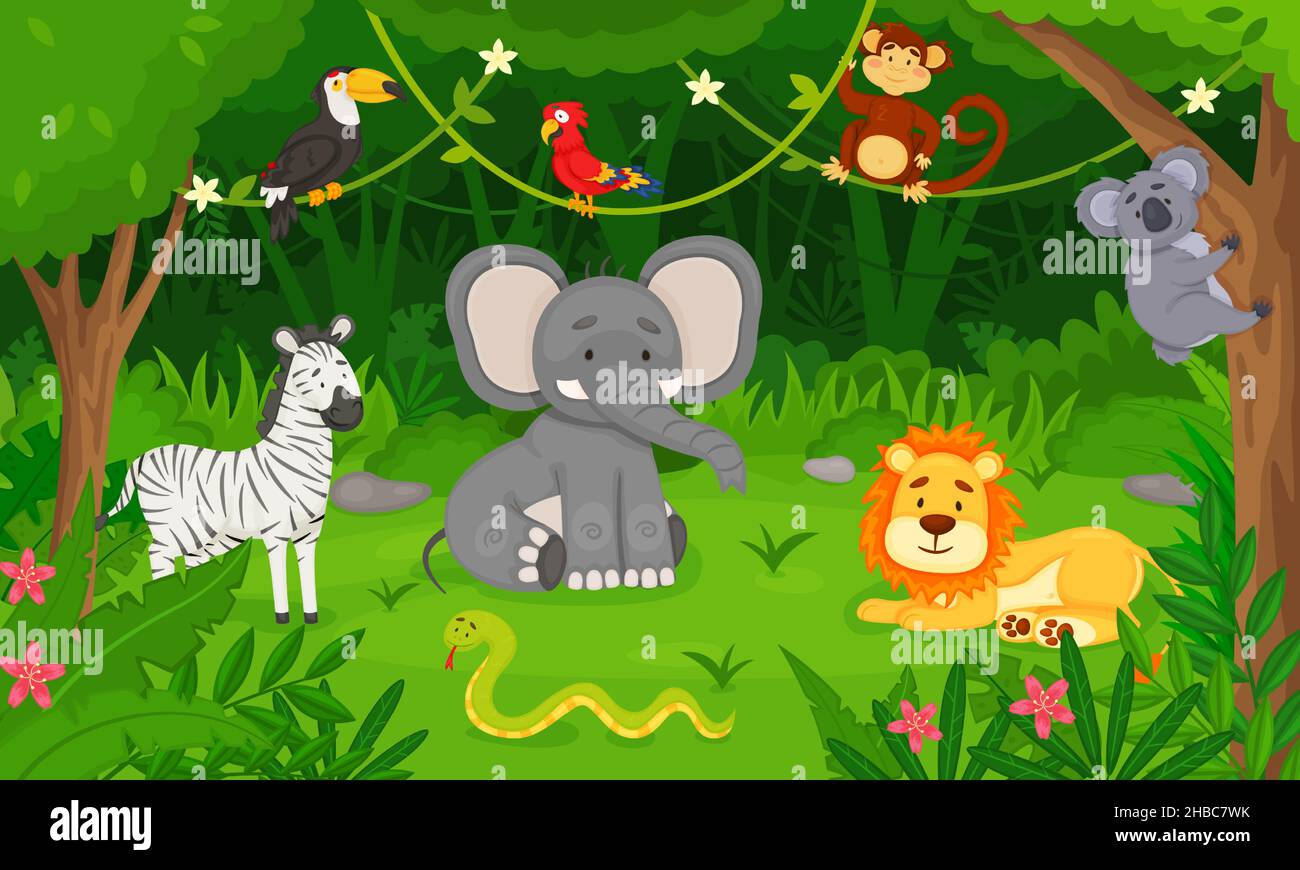 Cartoon wild animals in jungle forest, tropical animal habitat. Cute ...