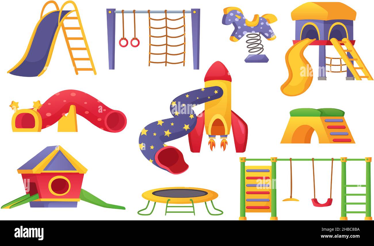 Kids playground elements, children park play equipment. Cartoon slide ...