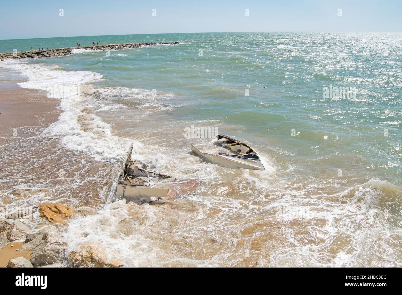 Shipwrecked and destroyed by the force of a storm on a beach Stock ...