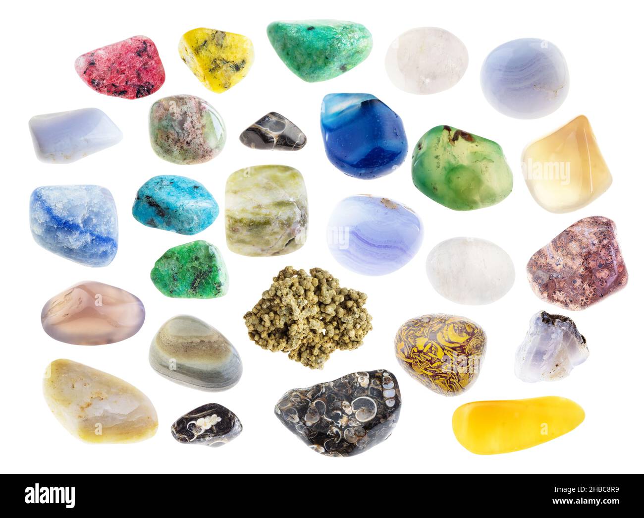 set of various agate gem stones cutout on white background Stock Photo ...