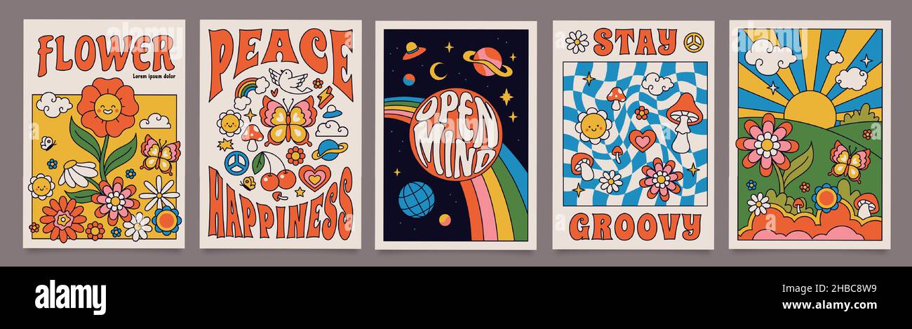 70s groovy posters, retro print with hippie elements. Cartoon ...