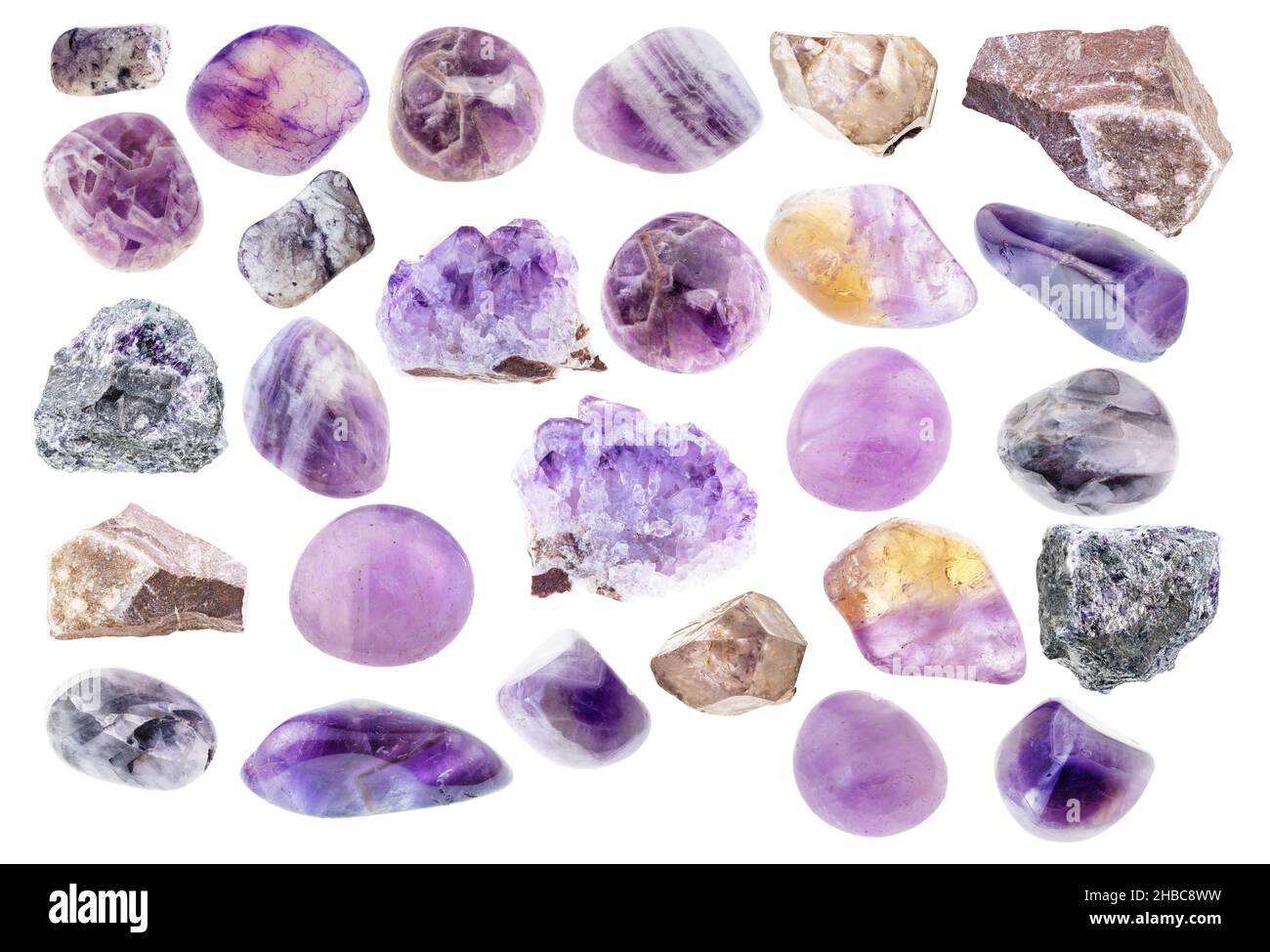 set of various amethyst gem stones cutout on white background Stock ...