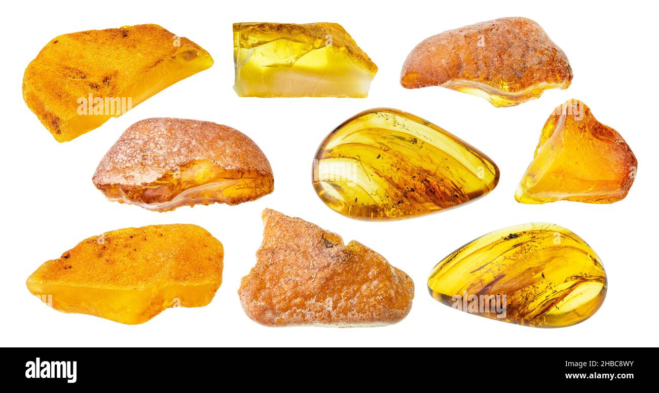 set of various amber gem stones cutout on white background Stock Photo ...