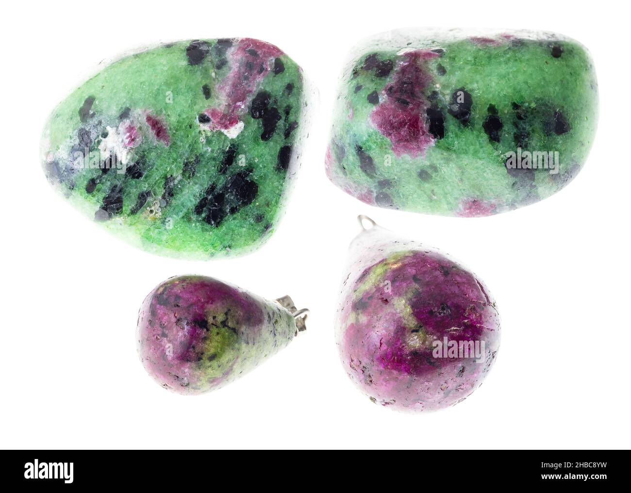 set of various anyolite (zoisite) gem stones cutout on white background ...