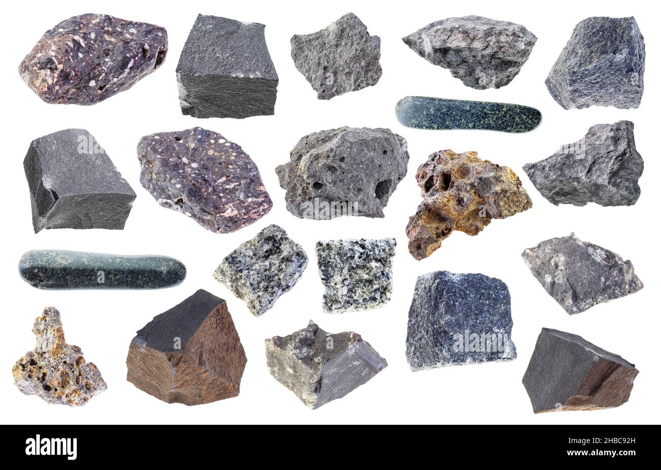 set of various basalt stones cutout on white backgroun Stock Photo - Alamy