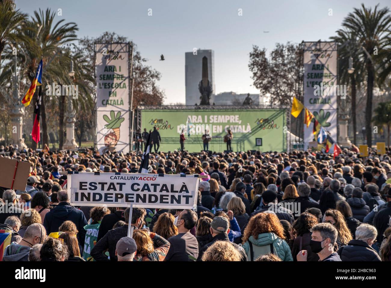 Barcelona, Spain. 18th Dec, 2021. A multitude of protesters are seen in ...
