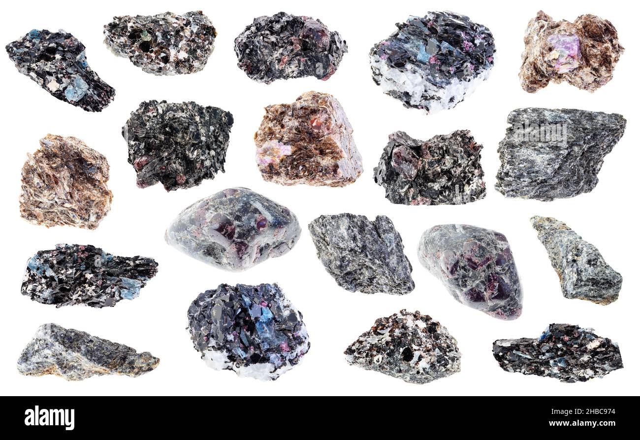 set of various biotite stones cutout on white background Stock Photo ...