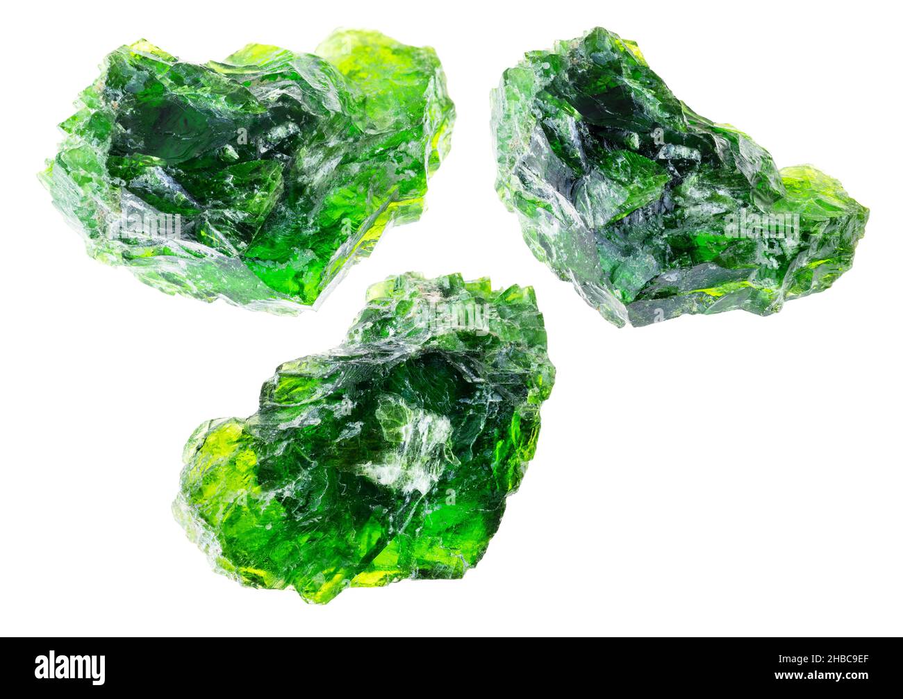 set of chrome diopside (siberian emerald) crystals cutout on white ...
