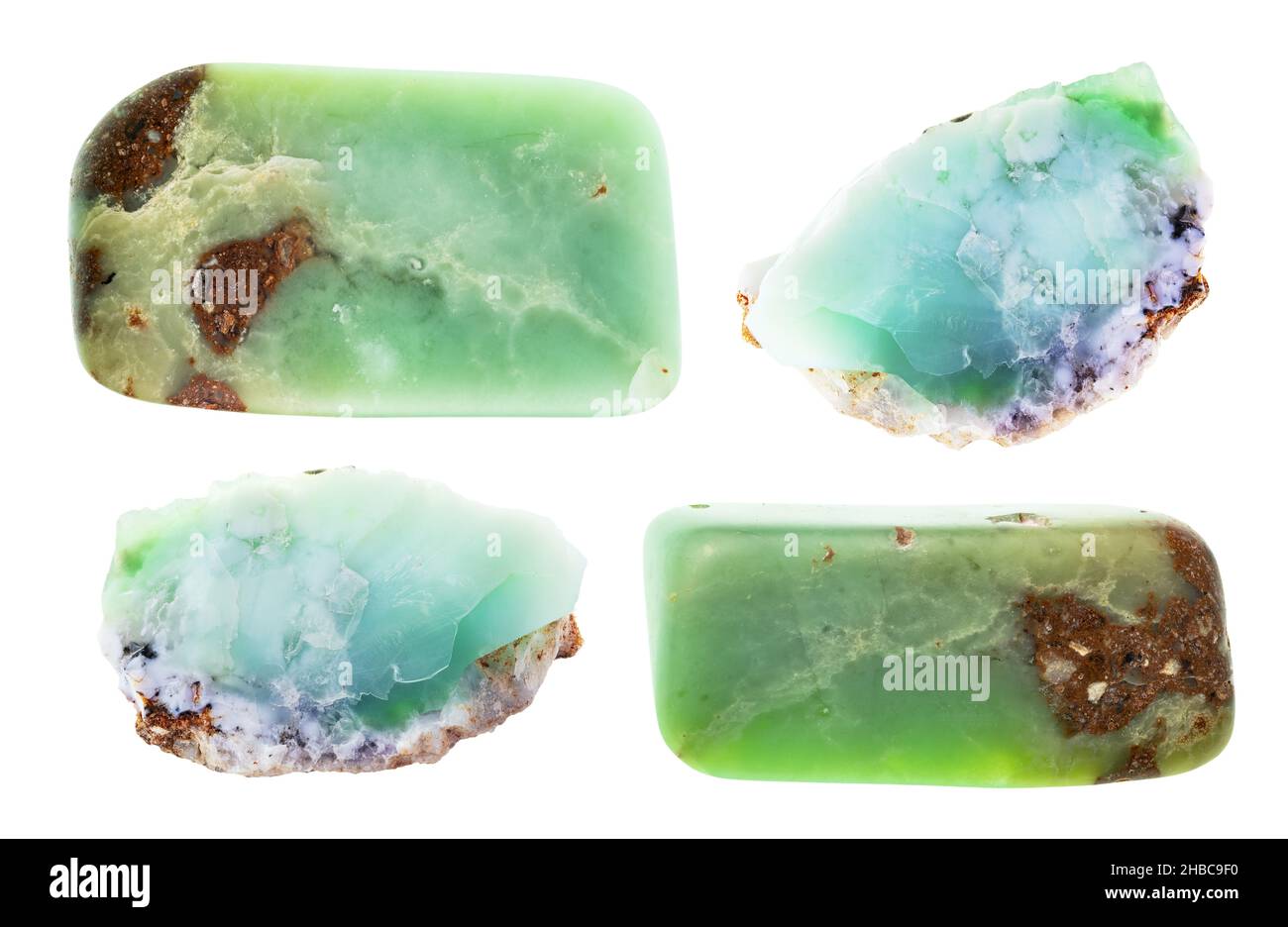 set of various chrysophrase (chrysoprase) stones cutout on white ...
