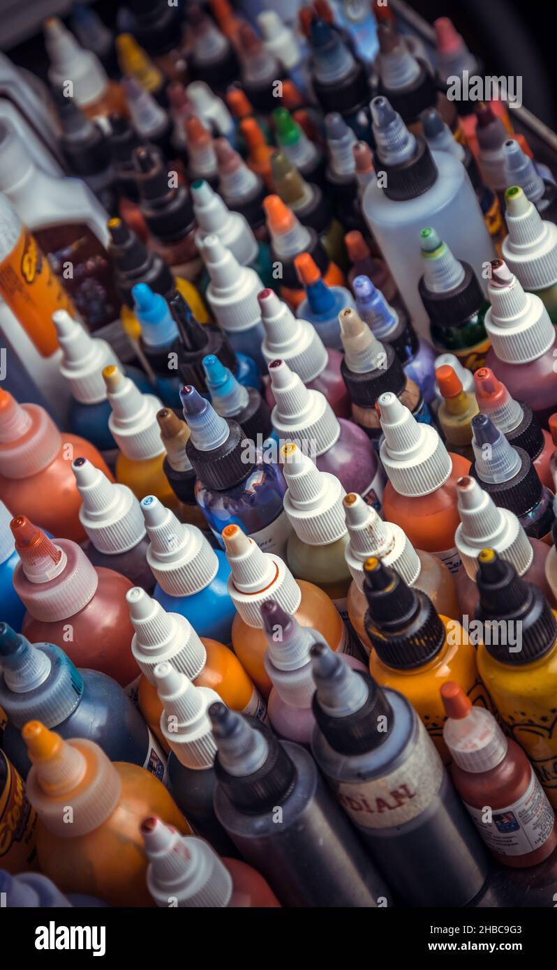 Many color ink bottles for tattoo Stock Photo - Alamy
