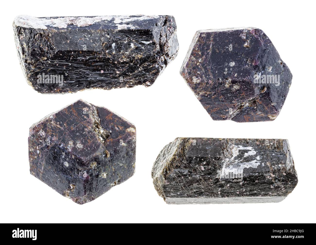set of various dravite tourmaline crystal cutout on white background ...