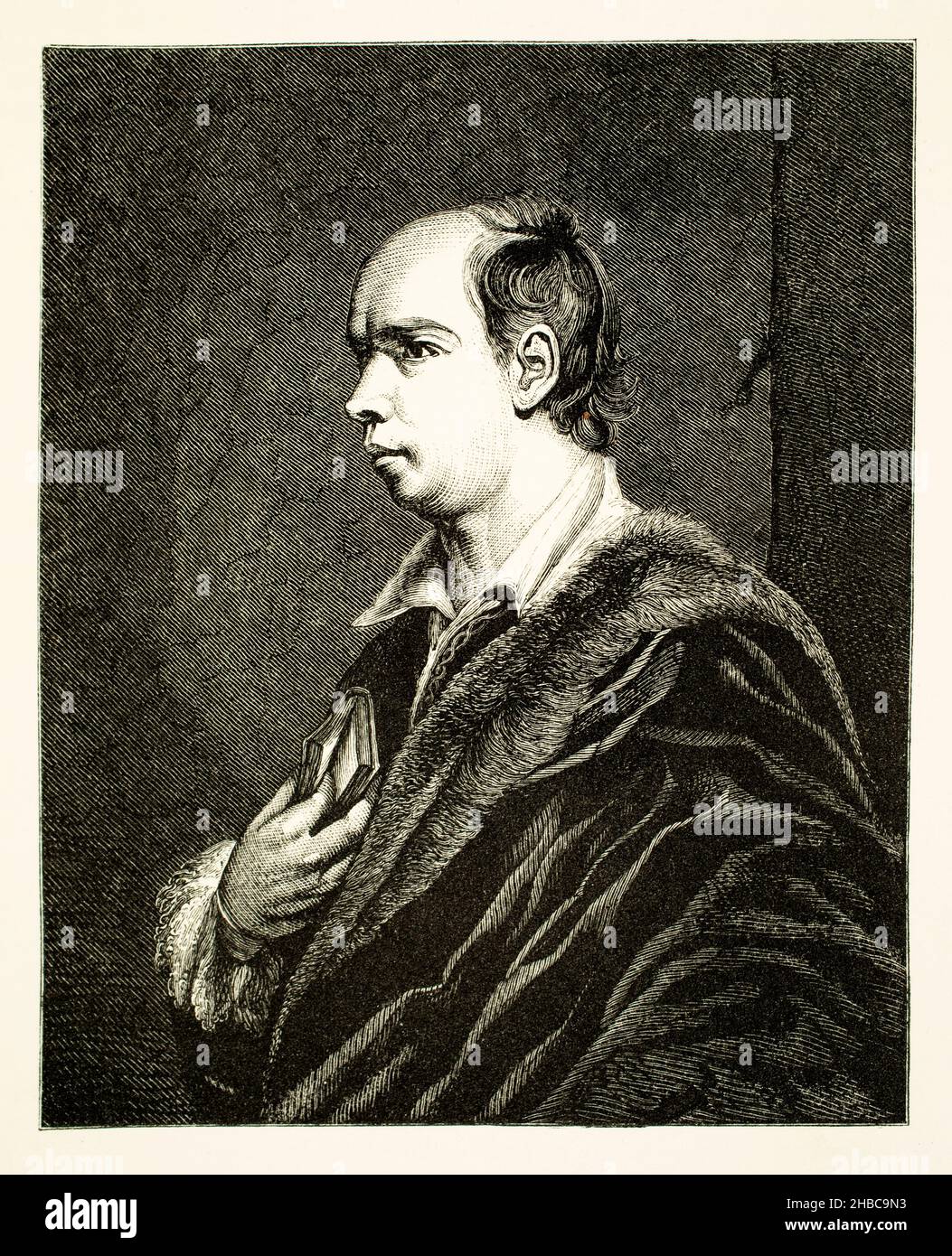 engraved illustration of novelist Oliver Goldsmith, from a portrait by ...
