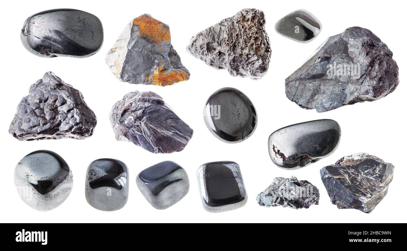 set of various hematite stones cutout on white background Stock Photo ...