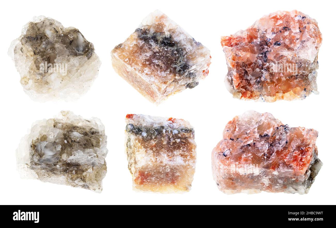 set of various halite (rock salt) stones cutout on white background ...