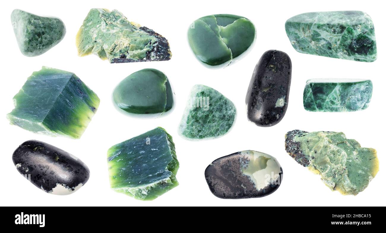 set of various jade stones cutout on white background Stock Photo - Alamy