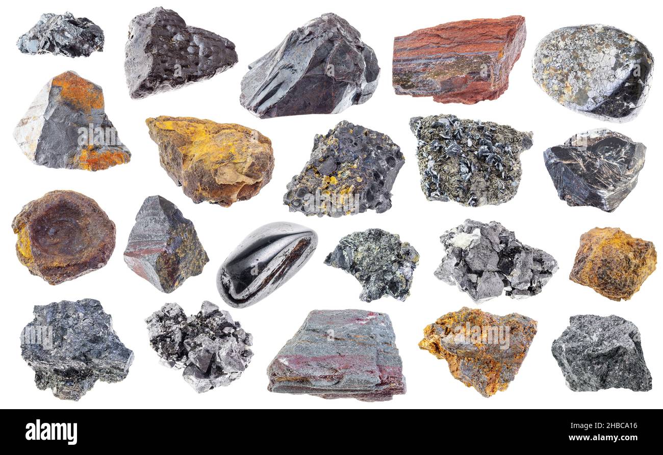 set of various iron ore minerals cutout on white background Stock Photo ...