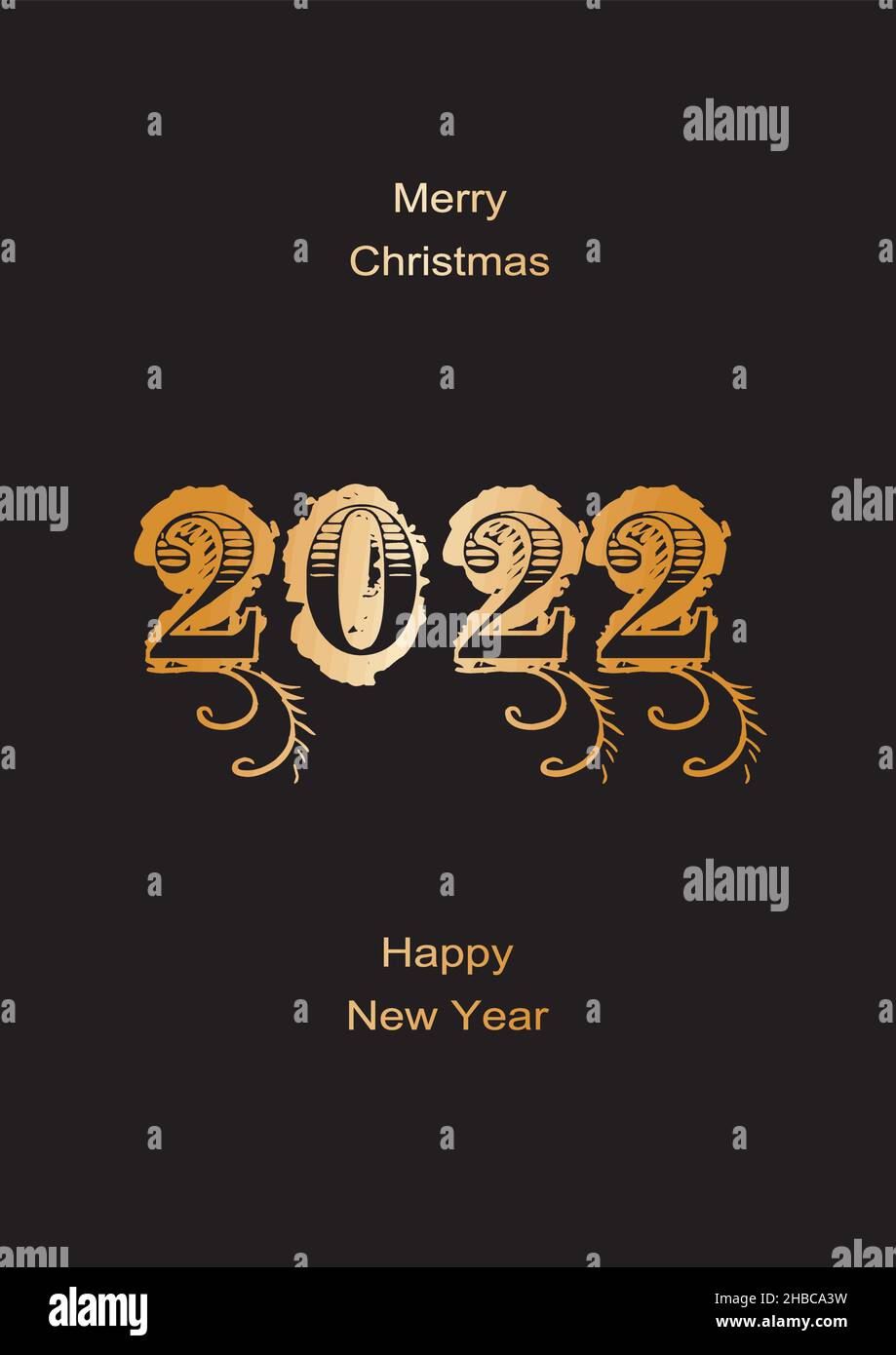 Happy New Year 2022. Hanging golden 3D numbers with ribbons and ...