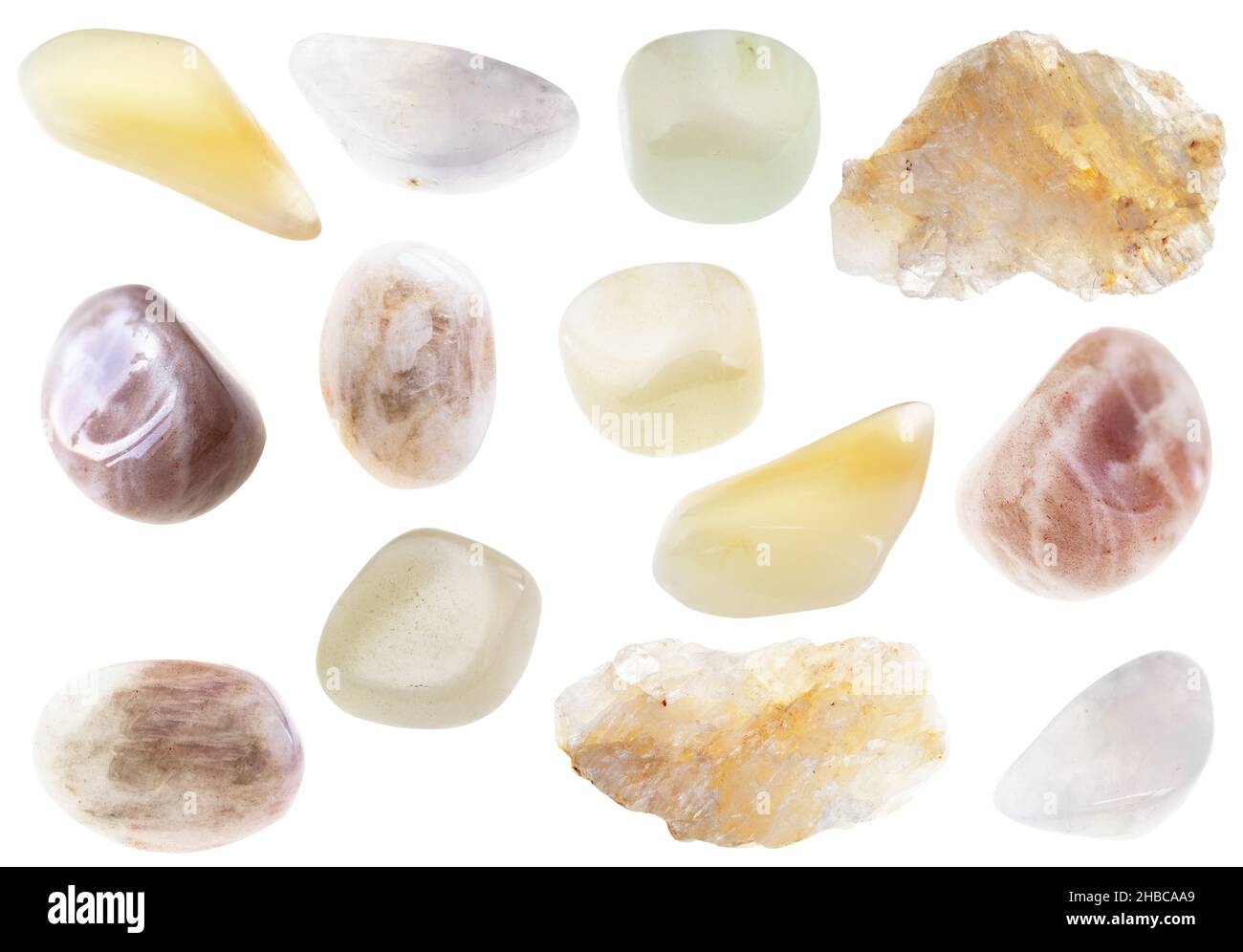 set of various moonstone stones cutout on white background Stock Photo ...