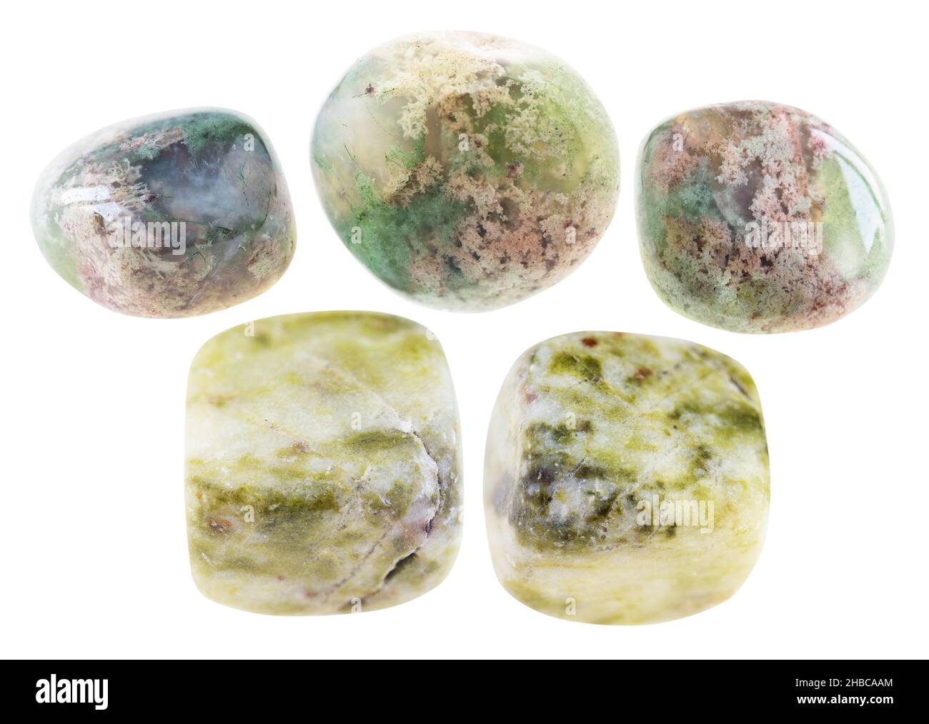 set of various Moss Agate stones cutout on white background Stock Photo ...