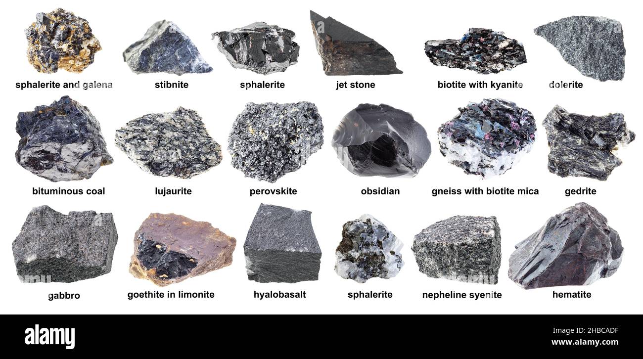 set of various raw black rocks with names cutout on white background ...