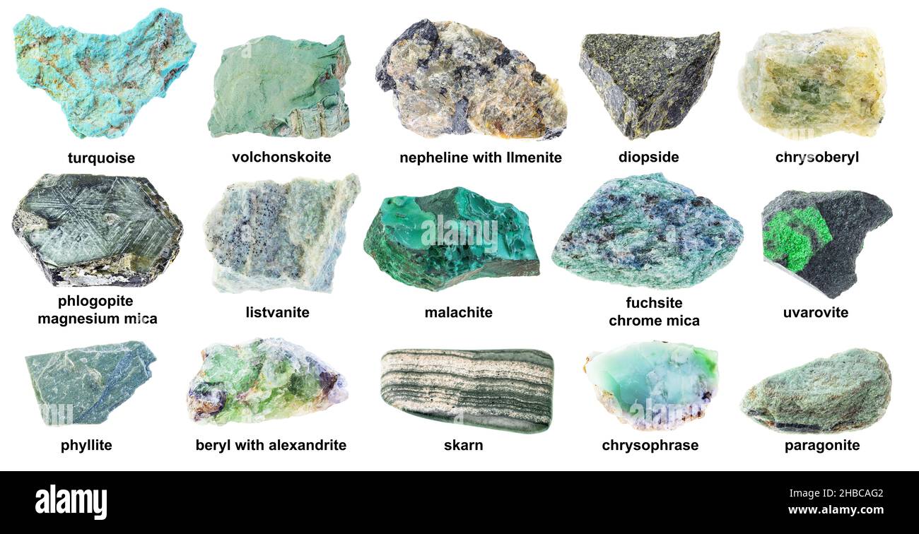 set of various natural green minerals with names cutout on white ...