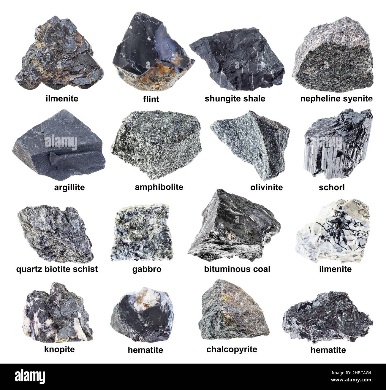 set of various rough black stones with names cutout on white background ...