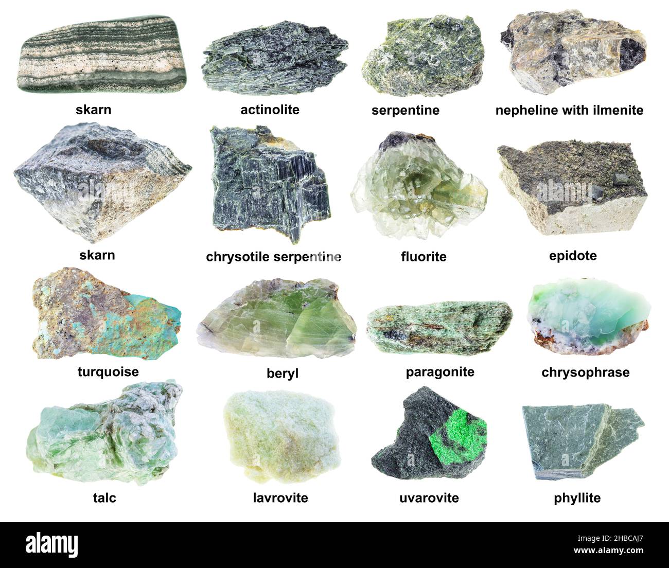 set of various rough green minerals with names cutout on white ...
