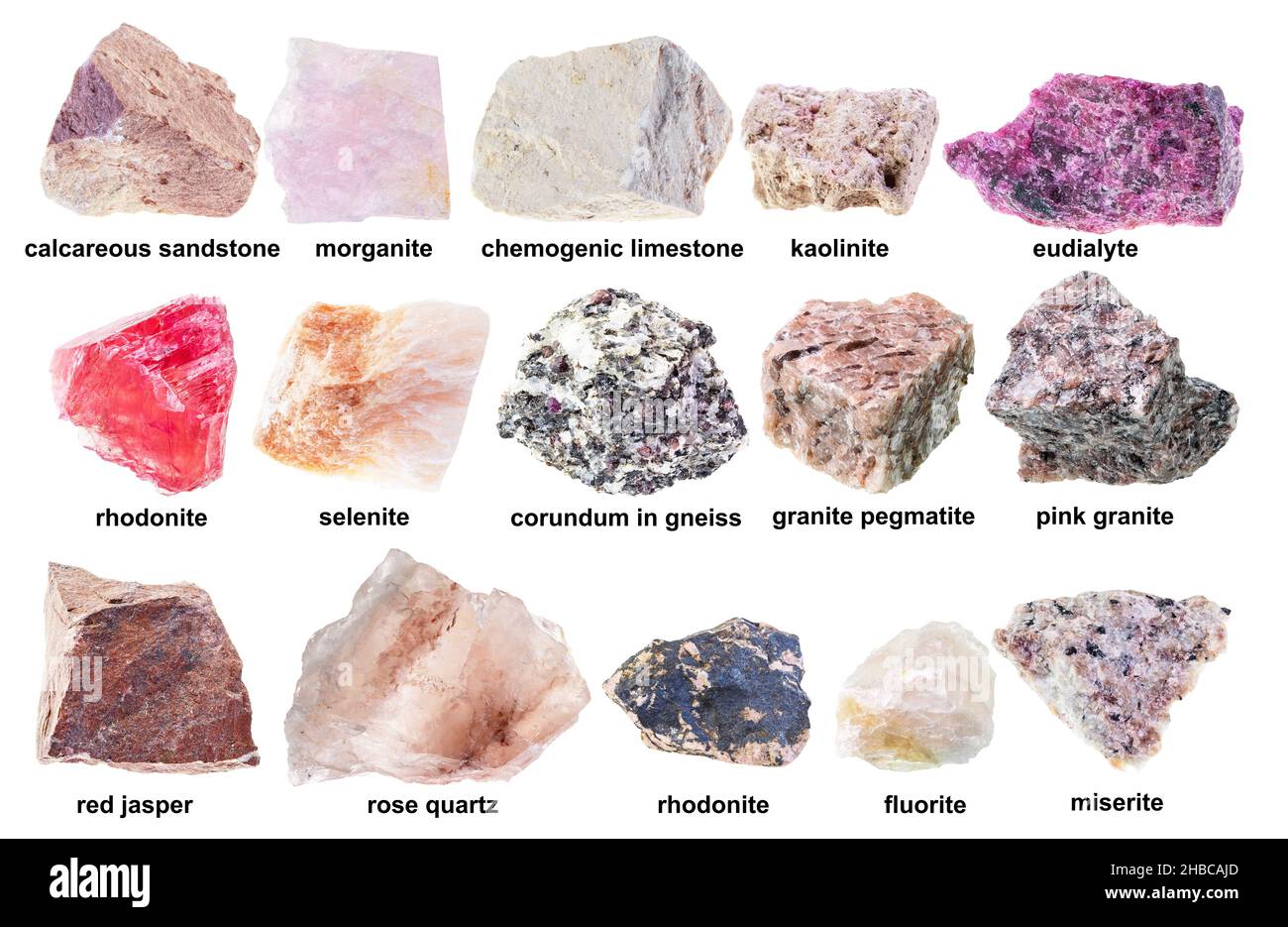 set of various raw pink rocks with names cutout on white background ...