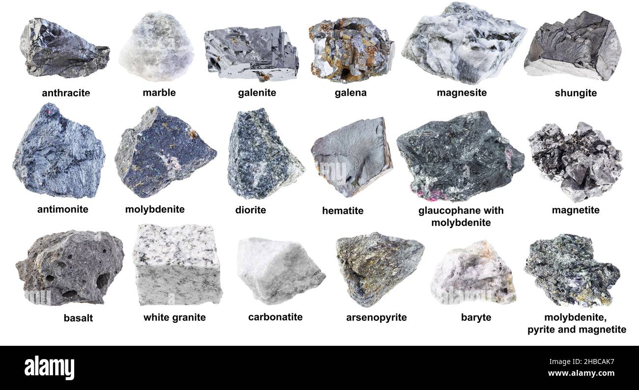 set of various unpolished gray rocks with names cutout on white ...