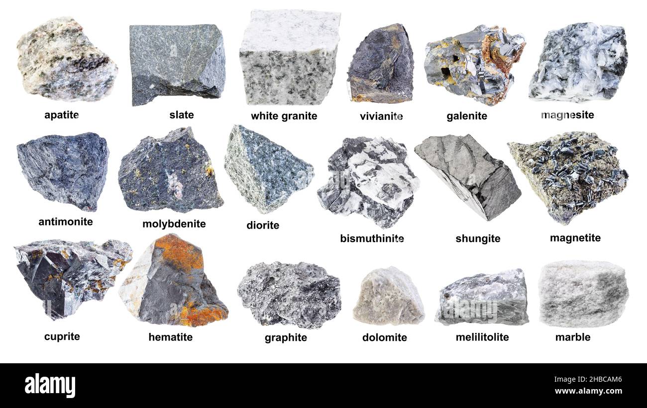 set of various raw gray rocks with names cutout on white background ...