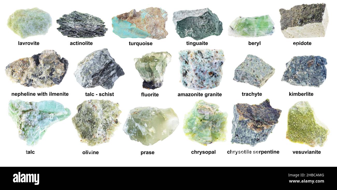 set of various rough green rocks with names cutout on white background ...
