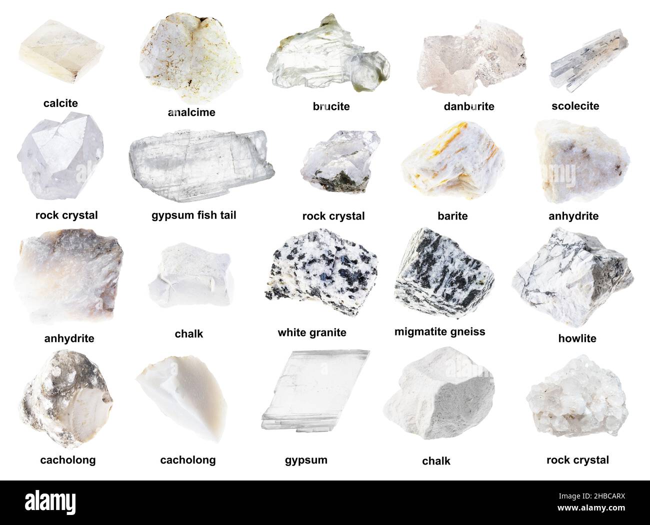 set of various unpolished white and colorless stones with names cutout ...