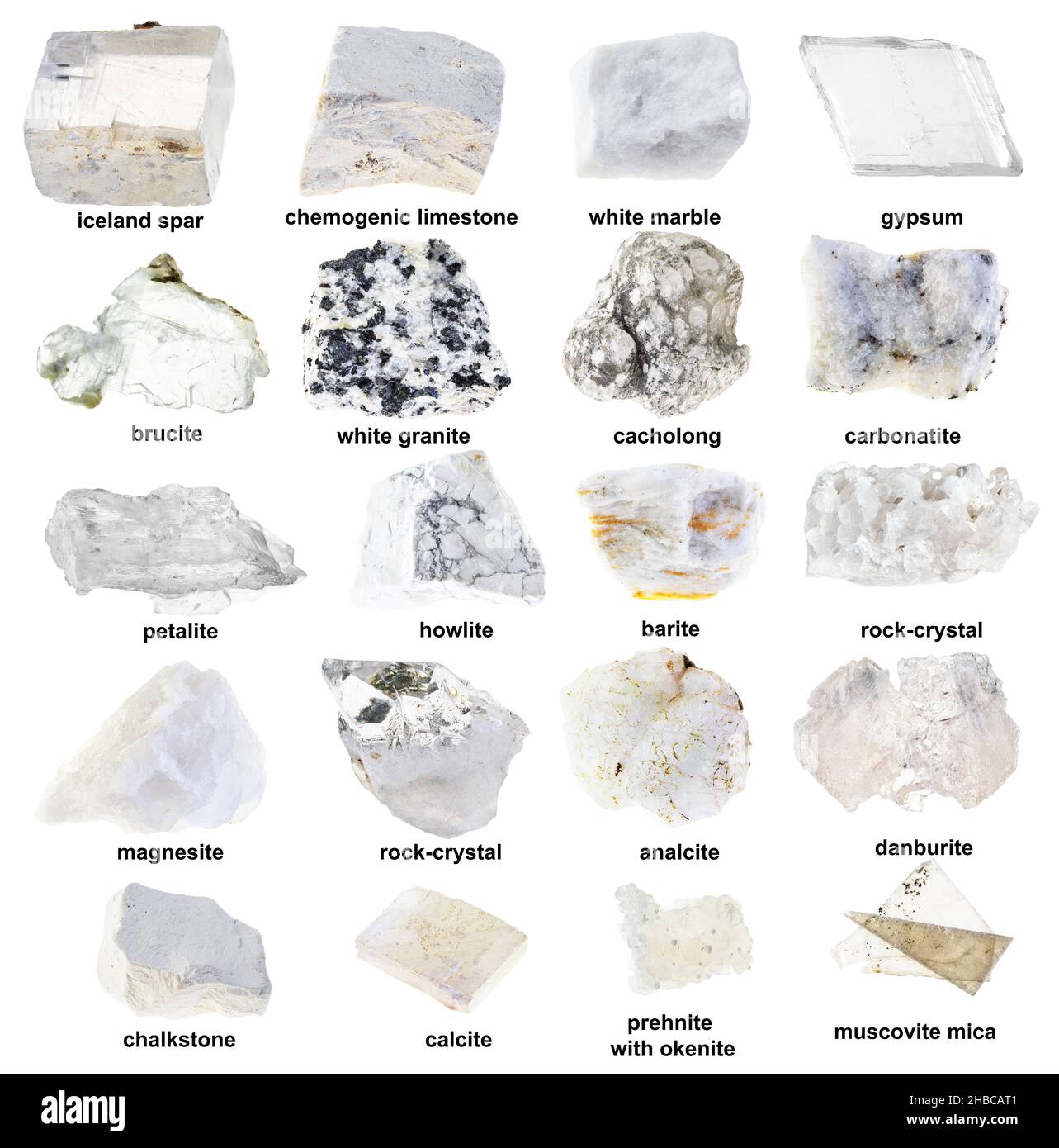 set of various unpolished white and colorless rocks with names cutout ...
