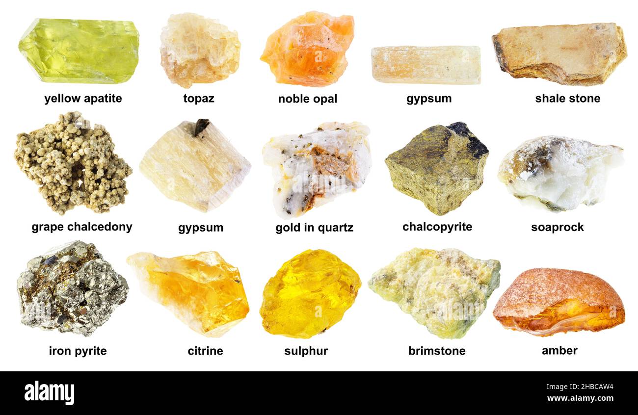 set of various rough yellow rocks with names cutout on white background ...