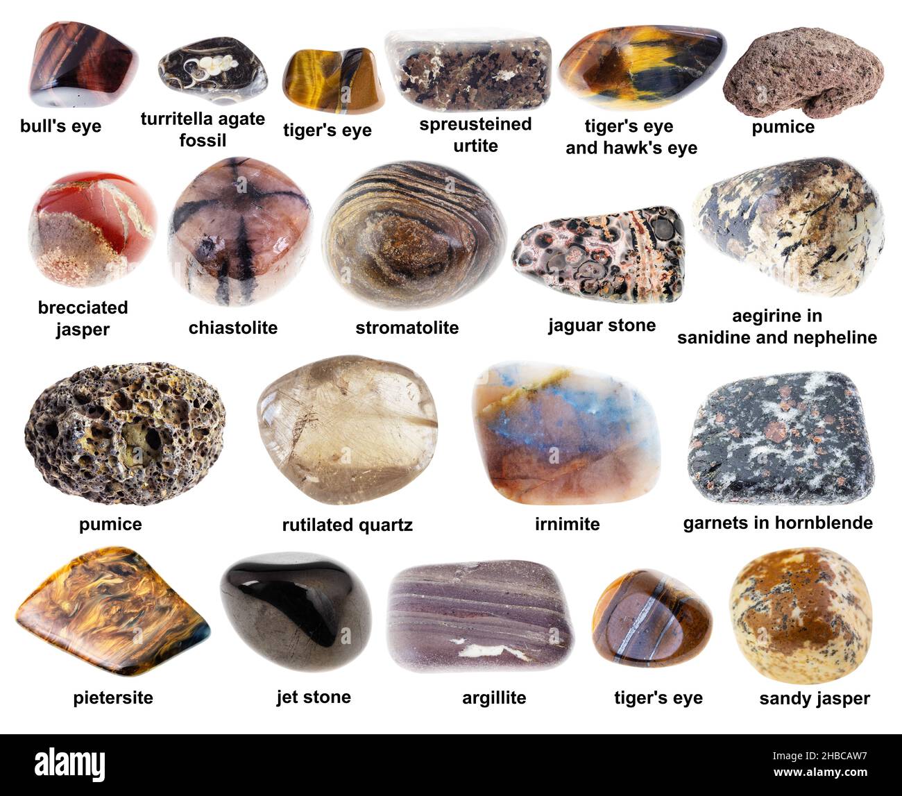 set of various tumbled brown rocks with names cutout on white ...