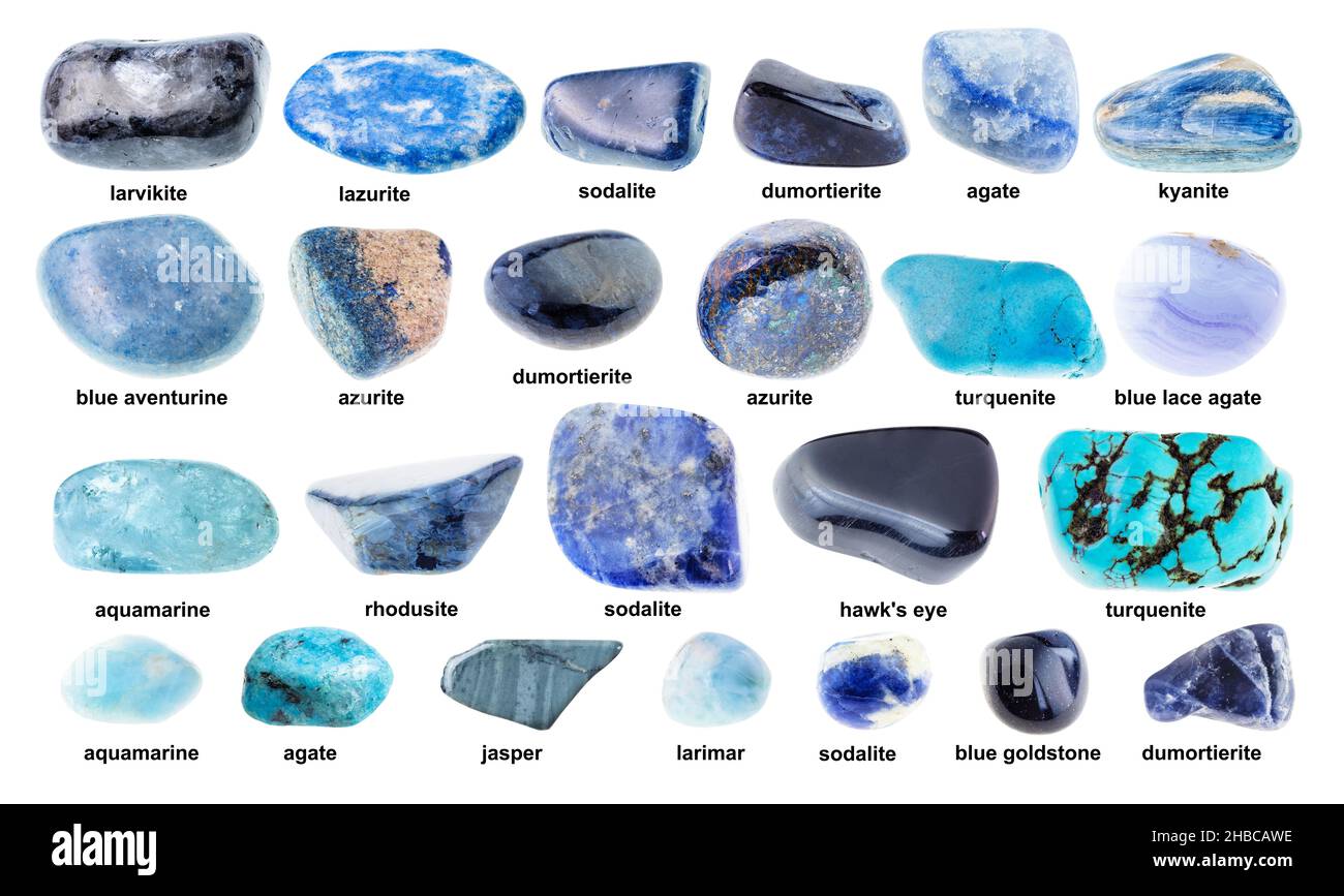 set of various tumbled blue rocks with names cutout on white background ...