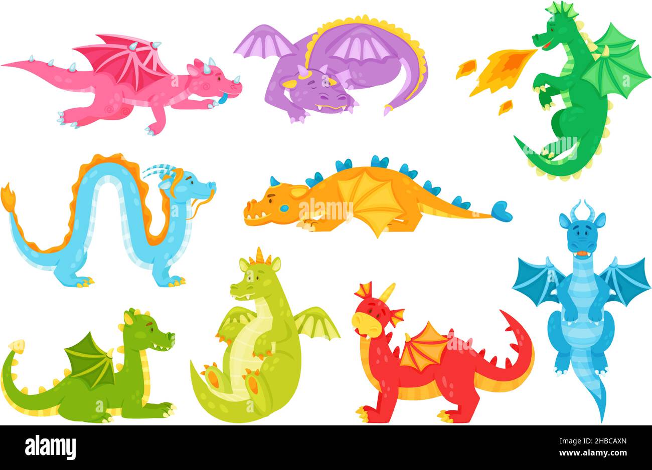 Cartoon dragons, fairy tale dragon breathing fire, flying or sleeping ...