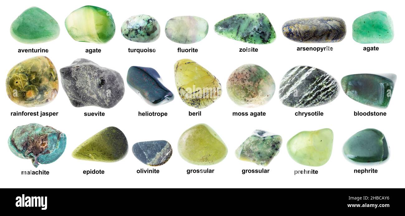 set of various tumbled green minerals with names cutout on white ...