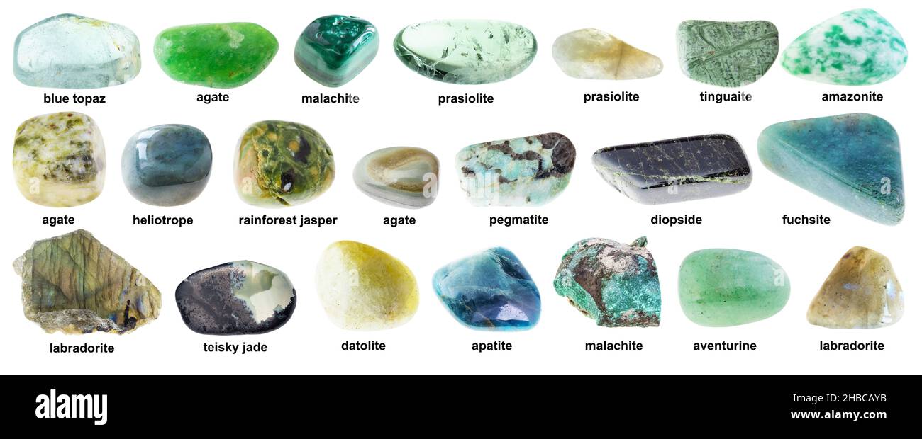 set of various rolled green stones with names cutout on white ...